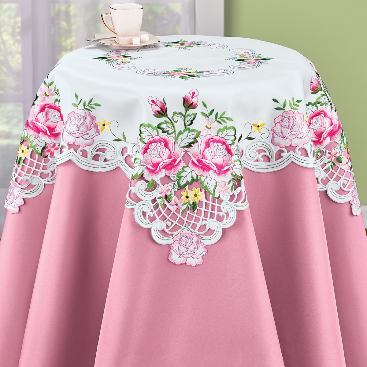 Pretty Rose Embroidered Table Linens with Cut-work | Collections Etc.
