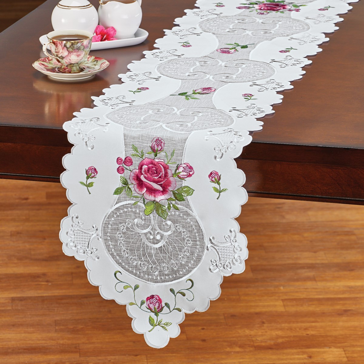 Springtime Rose Table Linens with Scalloped Edges | Collections Etc.