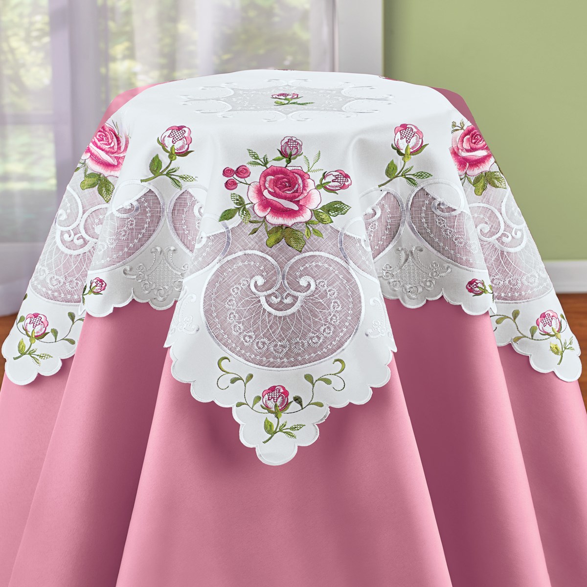 Springtime Rose Table Linens with Scalloped Edges | Collections Etc.