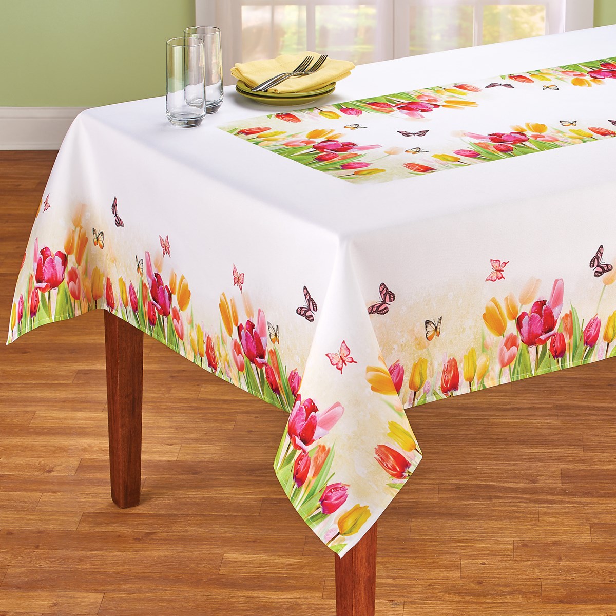 Spring Tulips and Butterflies Printed Tablecloth | Collections Etc.