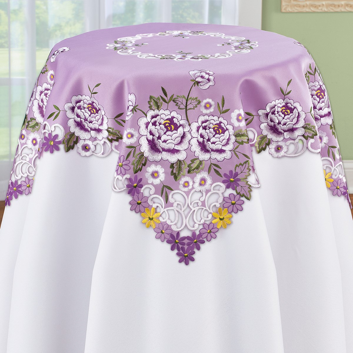 Embroidered Pretty Lavender Peony Blossoms Table Linens | Collections Etc.