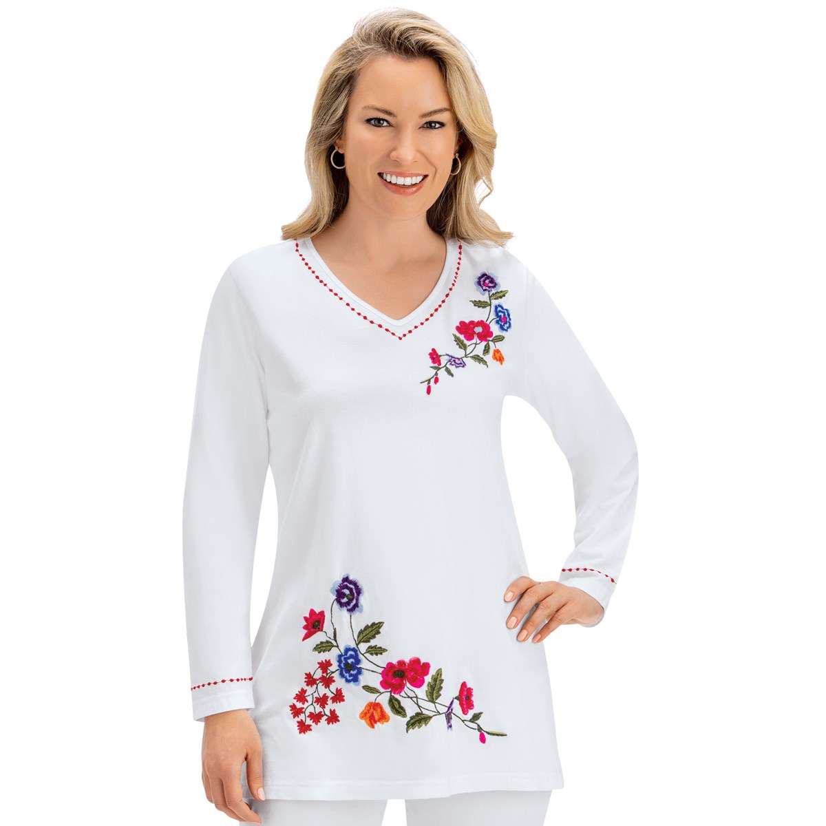 White Floral Embroidered Long Sleeve V-neck Tunic Top | Collections Etc.