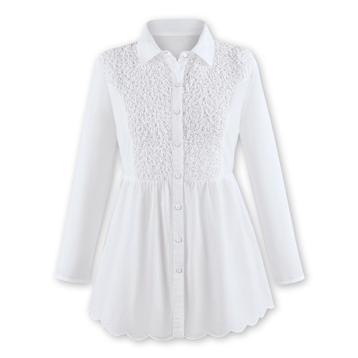 White Detailed Long Sleeve Woven Smocked Tunic Top | Collections Etc.
