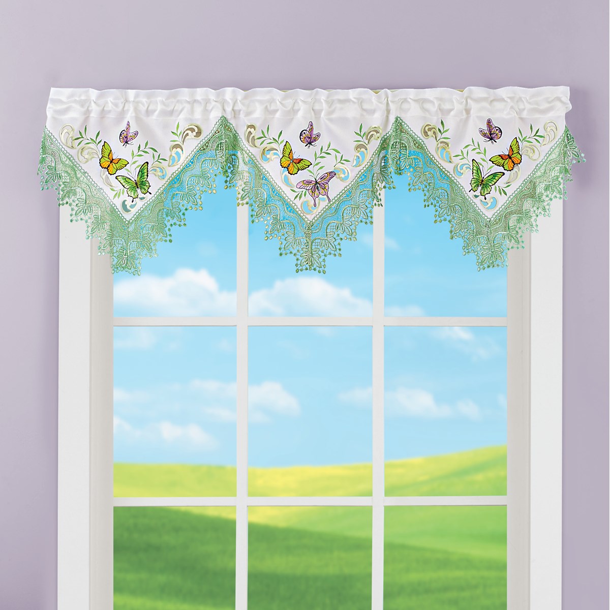 Colorful Butterflies Embroidered Lace Window Valance | Collections Etc.