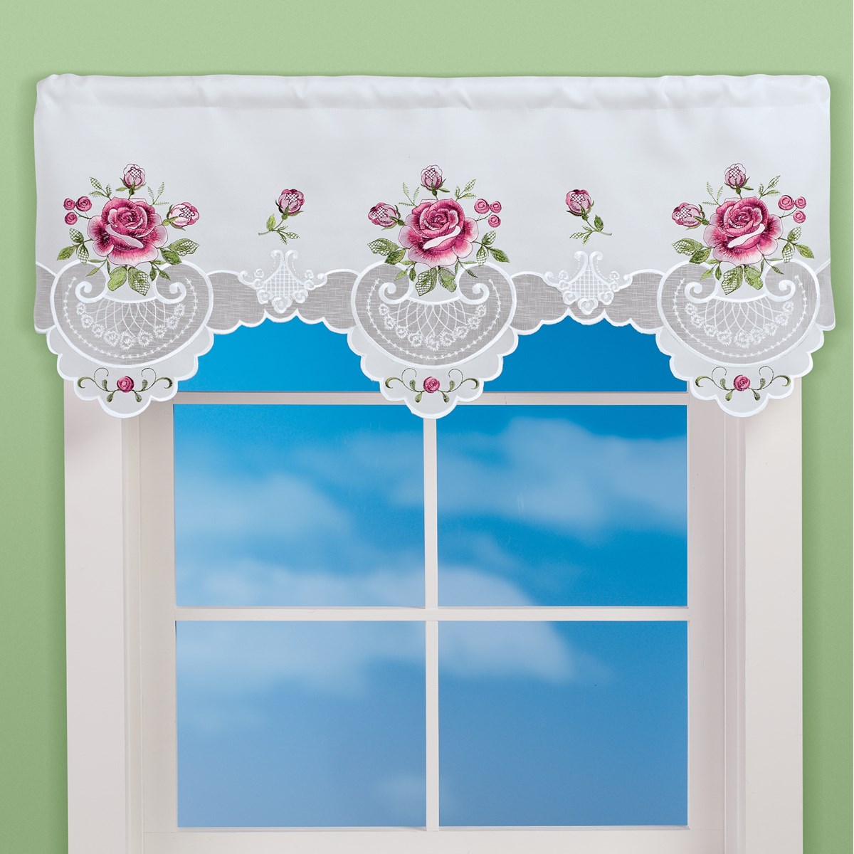 Embroidered Springtime Rose Valance with Scalloped Edges | Collections Etc.