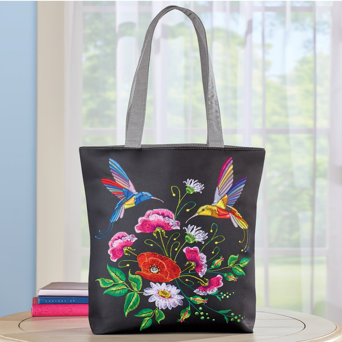 Double Shoulder Strap Hummingbirds & Floral Tote Handbag | Collections Etc.