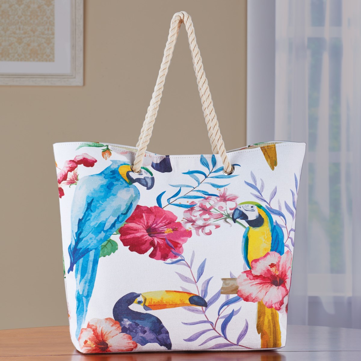 Colorful Tropical Flowers and Blue Macaws Tote Bag | Collections Etc.