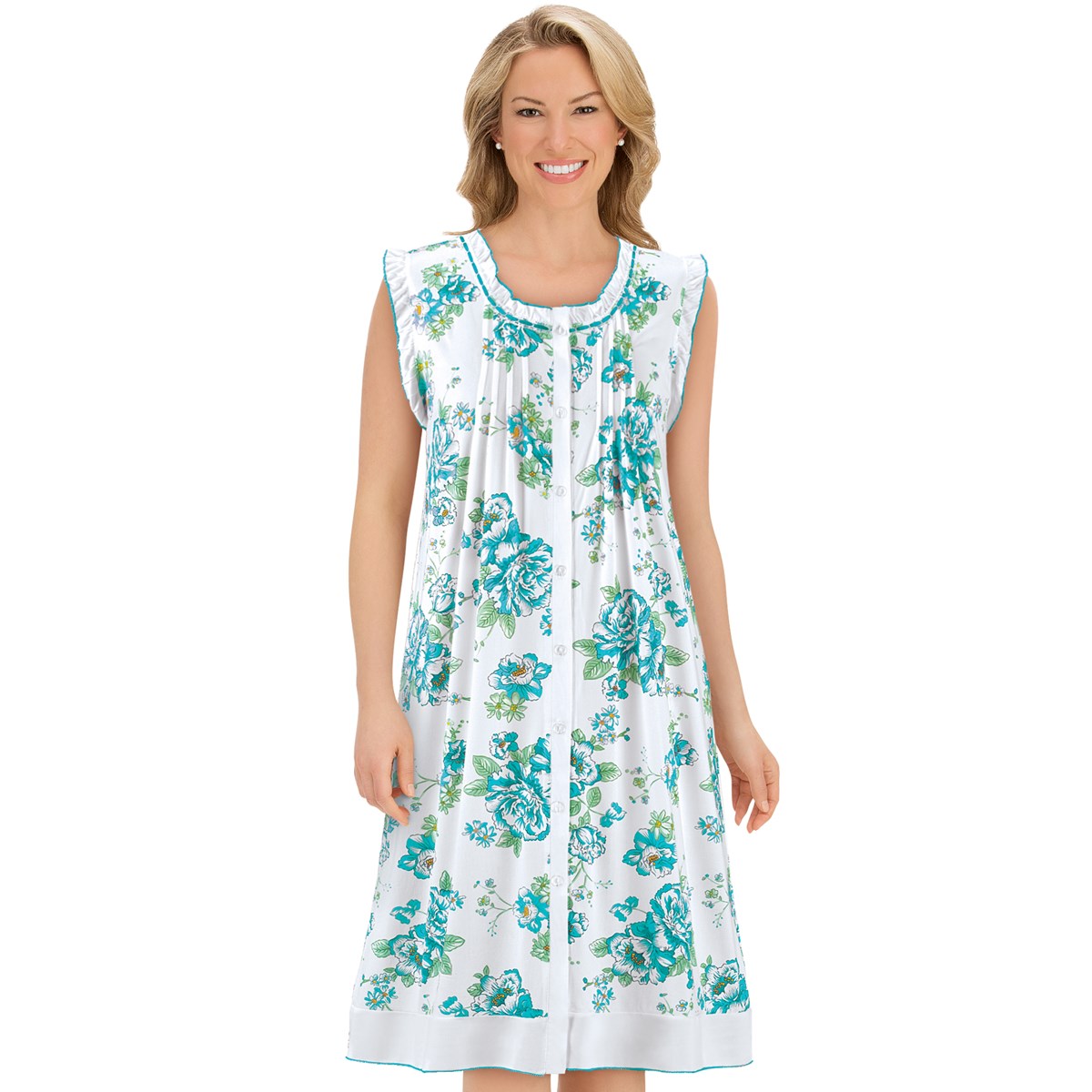 Long Sleeveless Floral Ruffle Soft Knit Nightgown | Collections Etc.