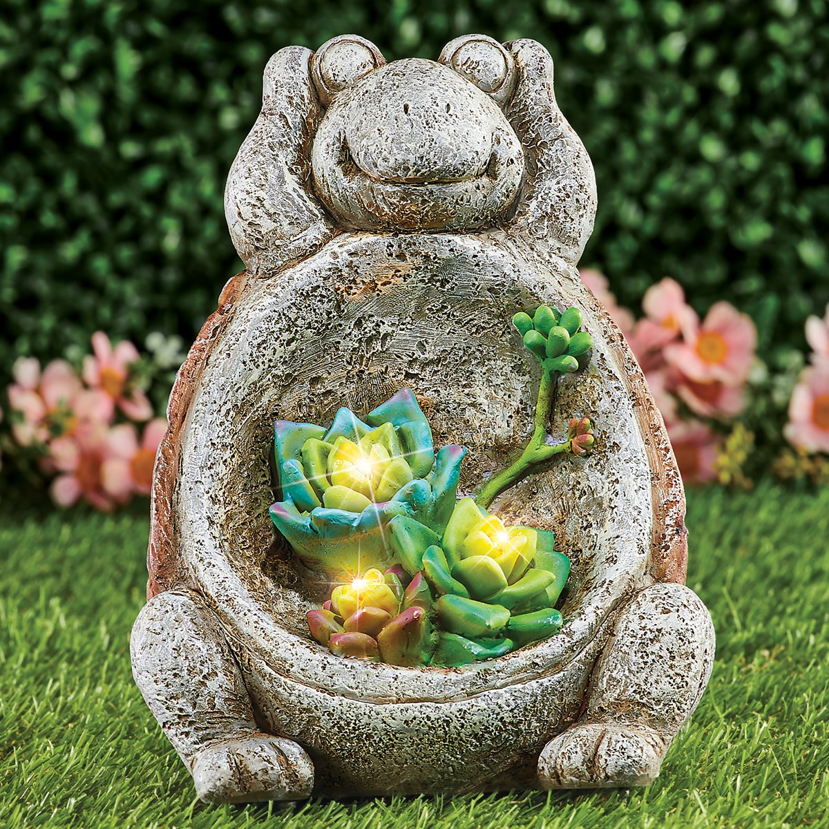Turtle Garden Sculpture with Solar Powered Faux Succulents ...