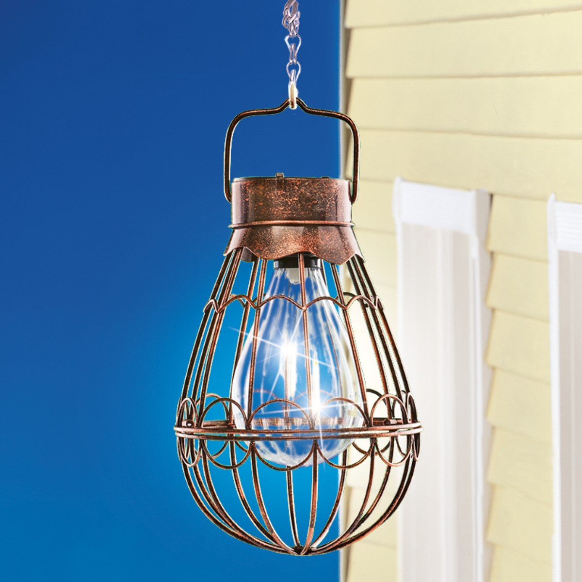 Antique Style Solar Powered Hanging LED Cage Light Bulb | Collections Etc.