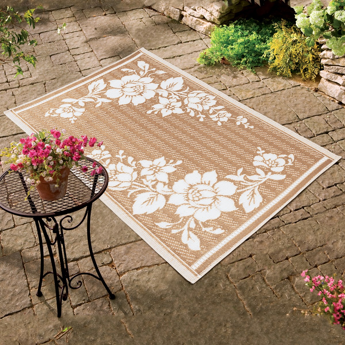 Backyard Bold Floral Design Outdoor Patio Mat | Collections Etc.