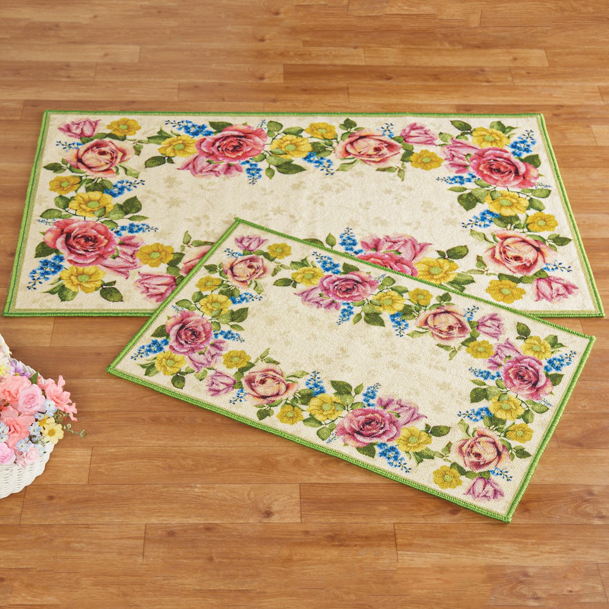 Cream Color Slip-Resistant Pink Yellow and Blue Flowers Border Rug ...