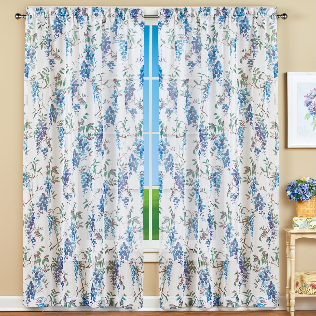 Elegant Sheer Fabric Floral Print Window Curtain | Collections Etc.