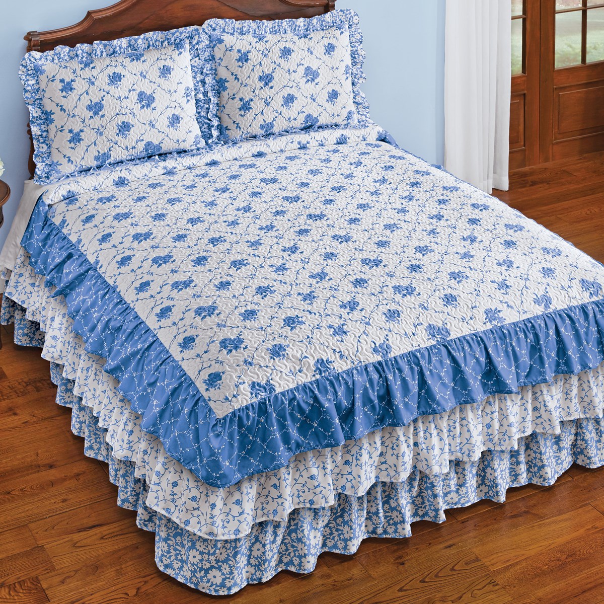 Ruffled Blue Flowers English Garden Bedspread | Collections Etc.