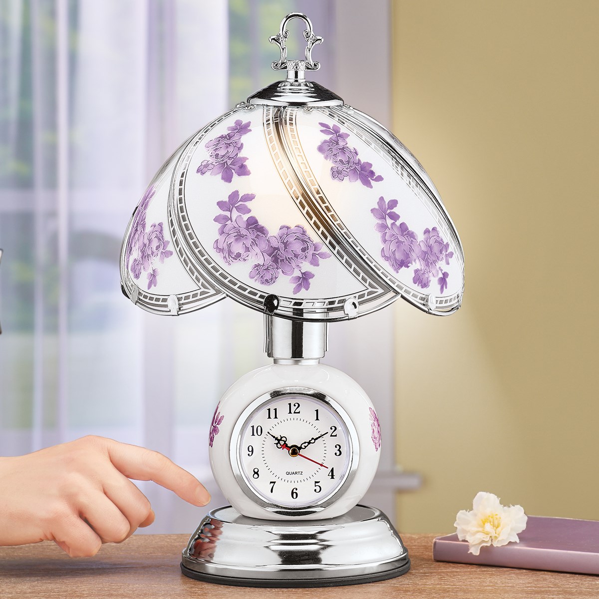 Rose Glass Panel Touch Lamp with Analog Clock | Collections Etc.