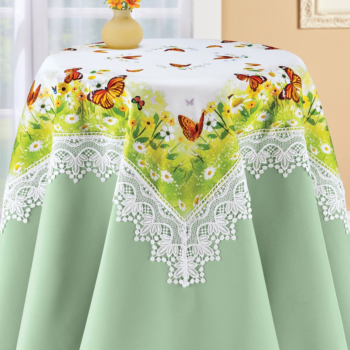 Butterfly Printed White Lace Edging Table Linens | Collections Etc.