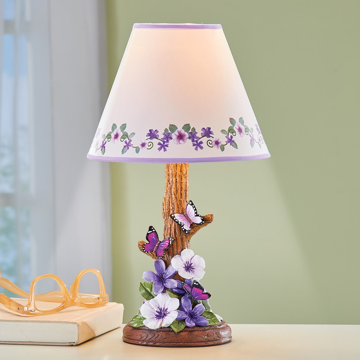 Purple Butterflies and Colorful Flowers Table Lamp | Collections Etc.