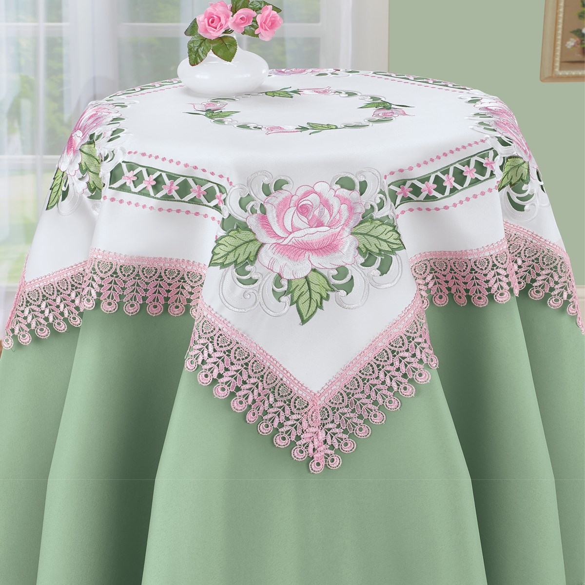 Embroidered Pink Roses & Greenery Lace Table Linens | Collections Etc.