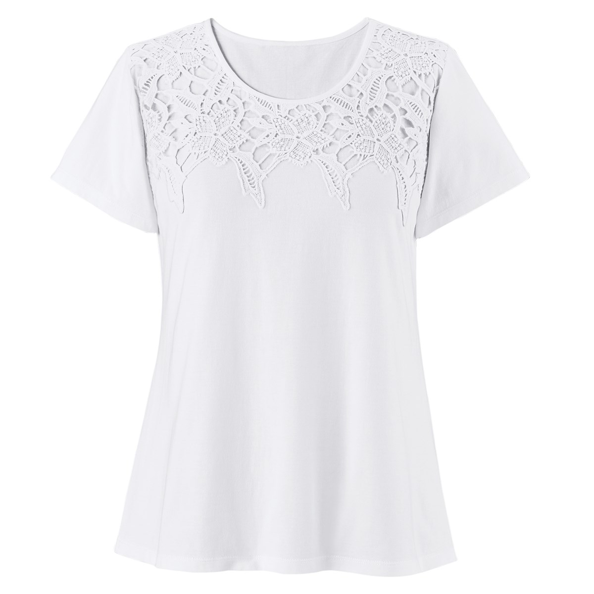 Beautiful Lace Design Trimmed Cotton Knit Top | Collections Etc.