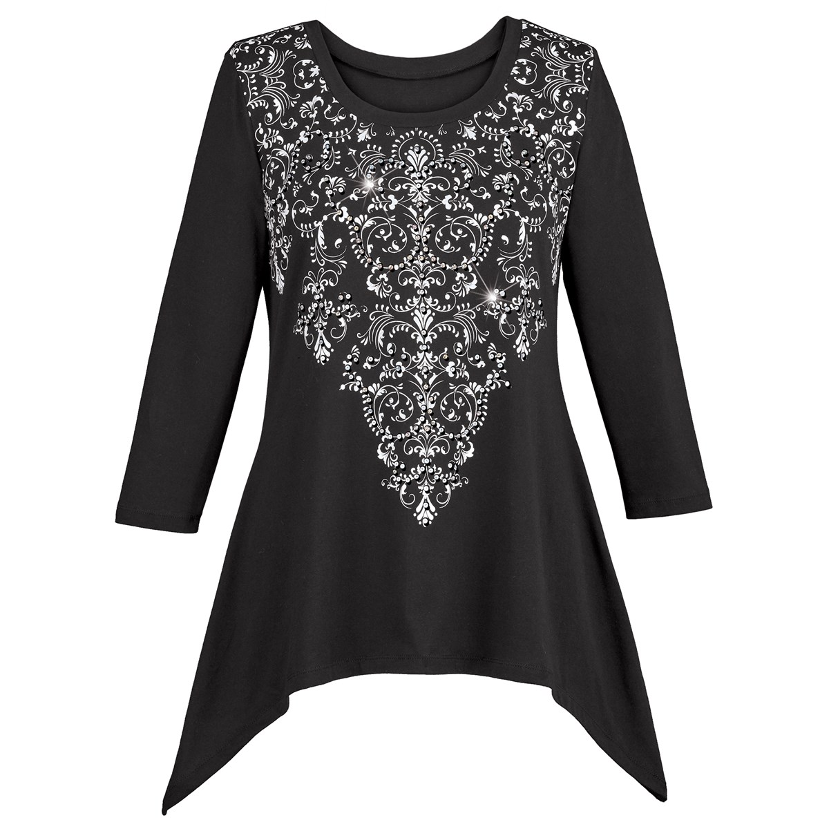 Medallion Scroll Long Sleeve Black Sharkbite Tunic | Collections Etc.