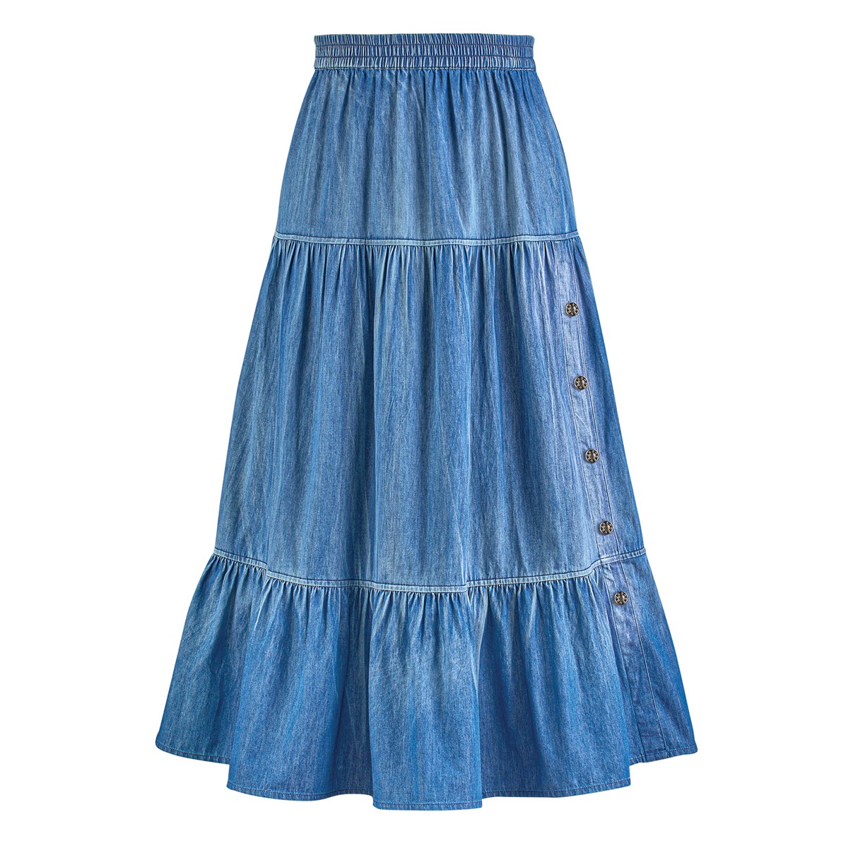 Tiered Long Denim Prairie Skirt with Button Trim | Collections Etc.