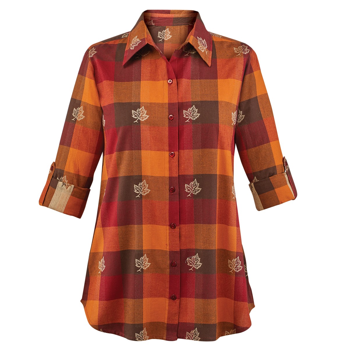 Fall Leaves Checkered Plaid Pattern Button Front Shirt | Collections Etc.