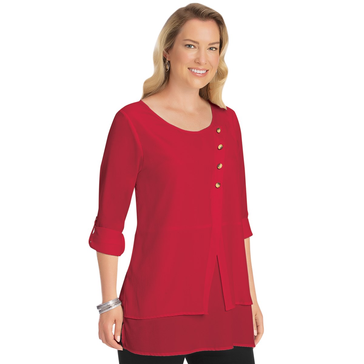 Double Layer Tunic Top w/ Button Tab Sleeves | Collections Etc.