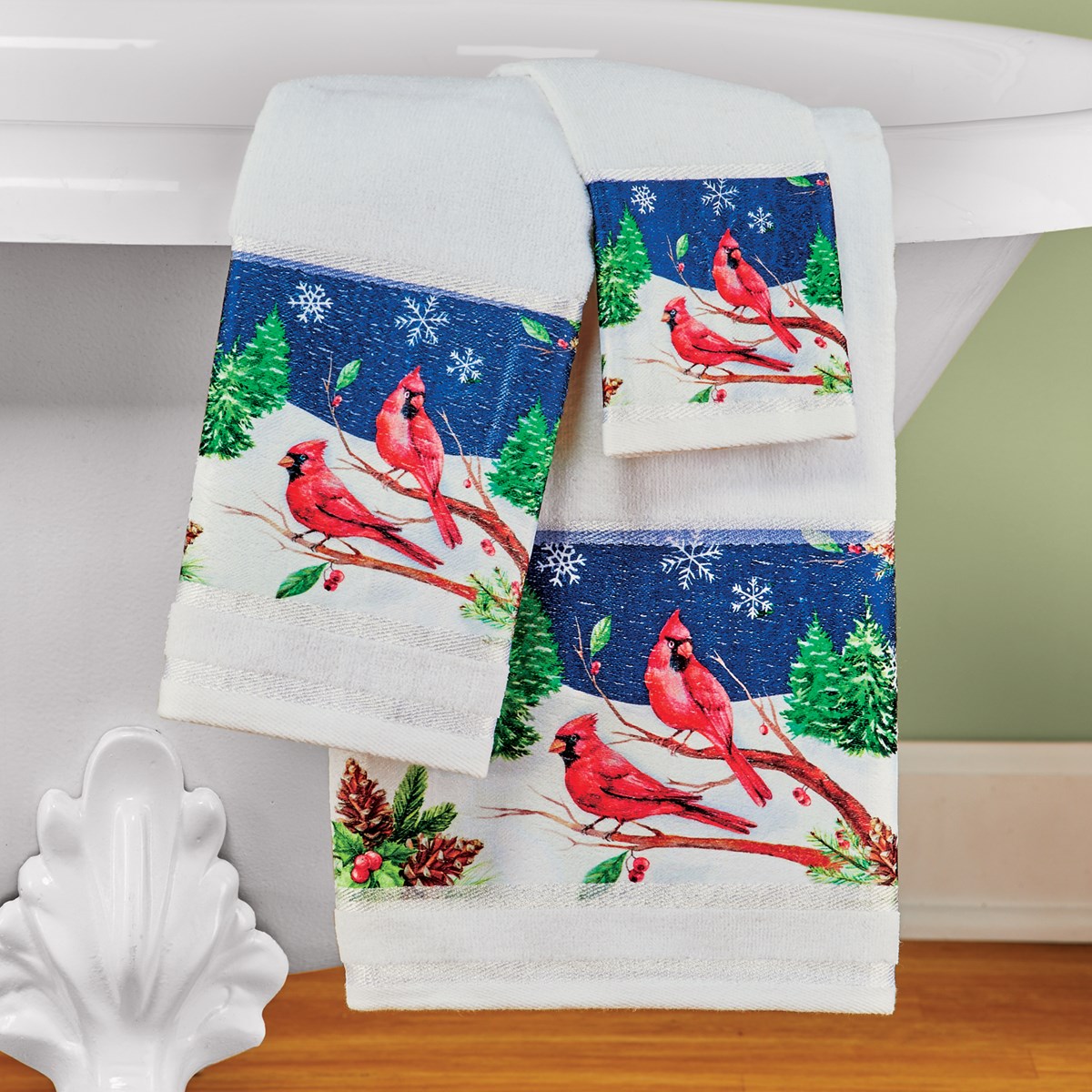 Rustic Winter Cardinal Scene Bathroom Towel Set | Collections Etc.