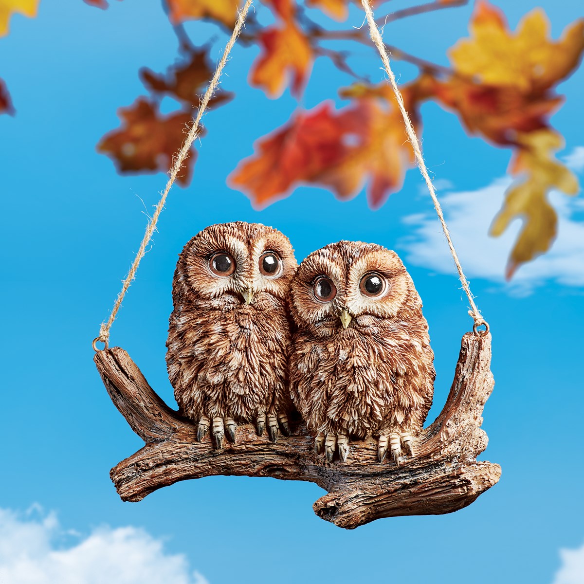 Swinging Brown Baby Owls Perched on a Tree Branch Figurine ...