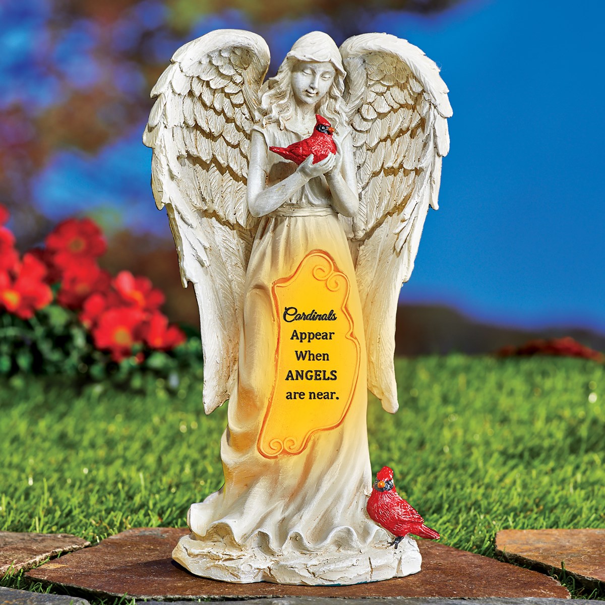 Solar Powered Angel And Cardinal Memorial Garden Sculpture