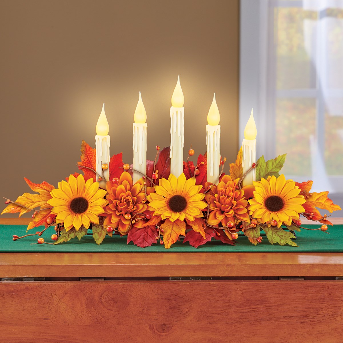 Yellow LED Lighted Fall Foliage Candle Centerpiece | Collections Etc.
