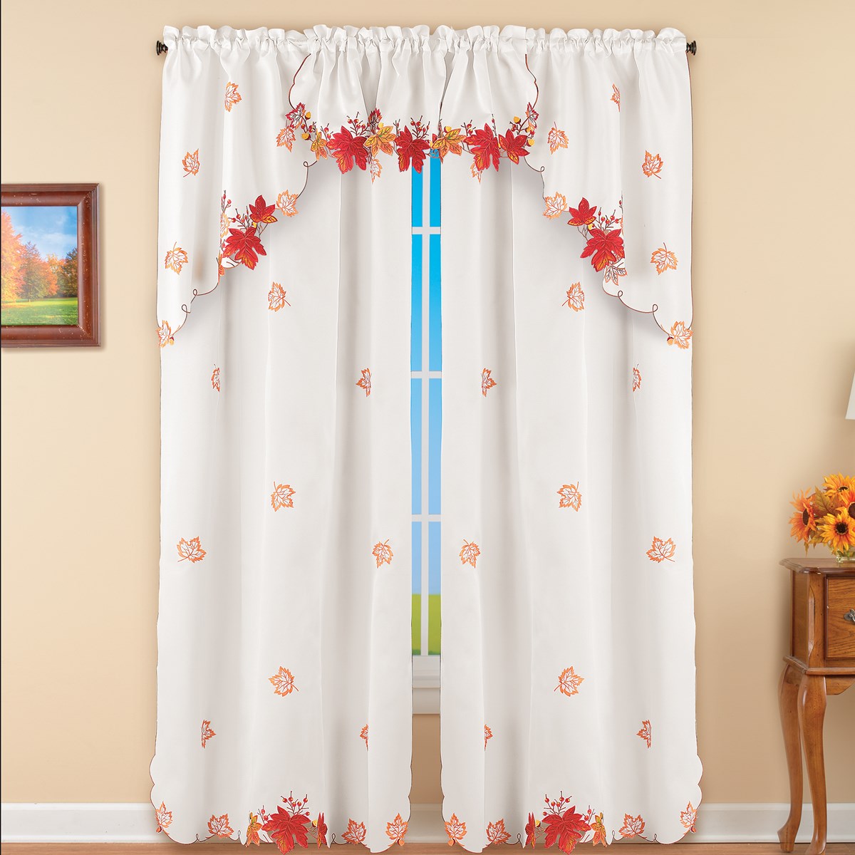 Multicolored Maple Leaf Embroidered Window Curtains | Collections Etc.