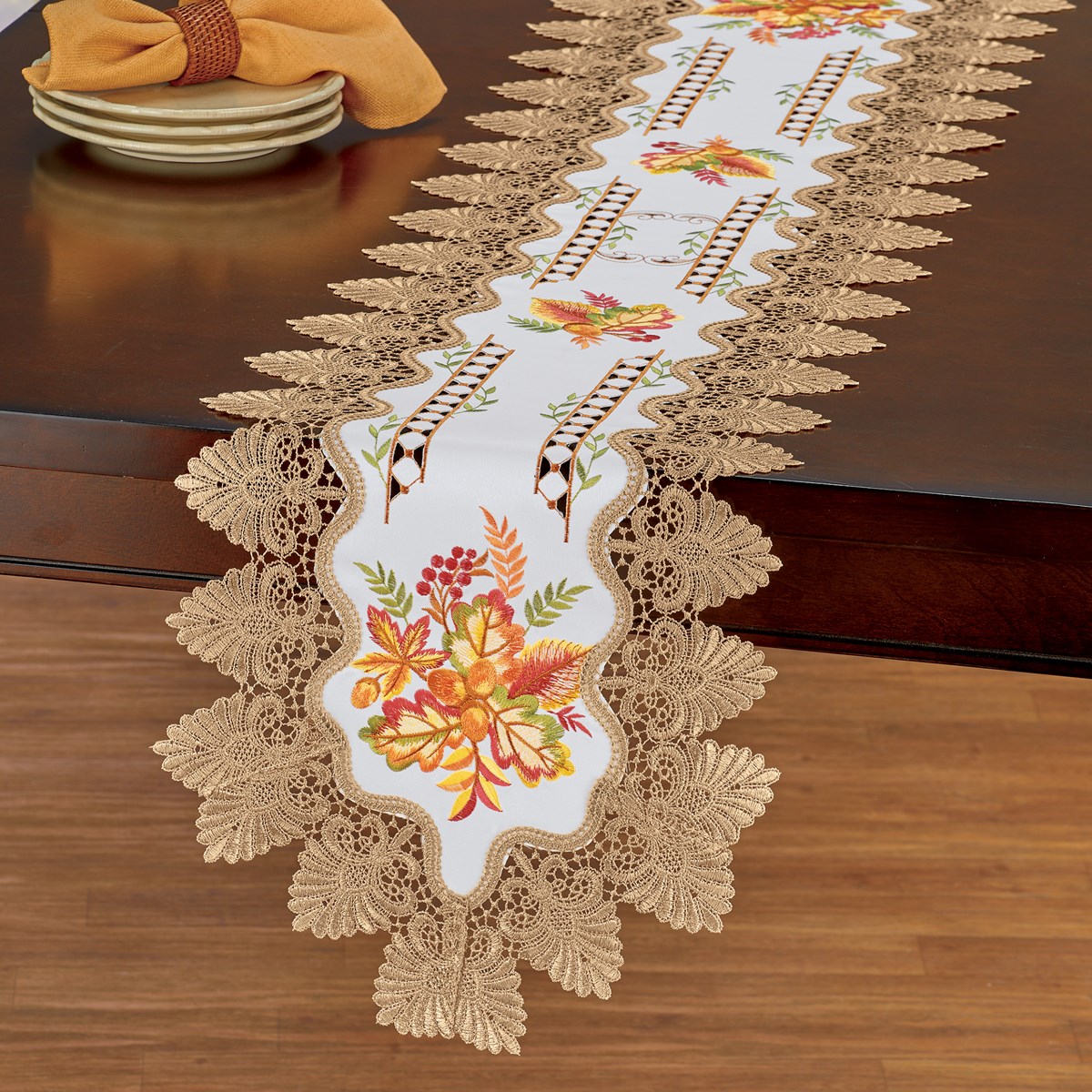 Embroidered Rich Autumn Leaf Colors Lace Table Linens | Collections Etc.