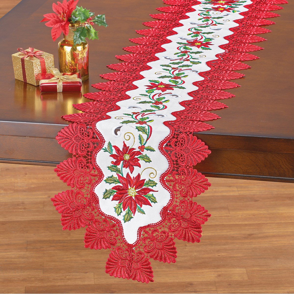 Elegant Poinsettia Holly Christmas Table Linens with Red Lace Trim ...