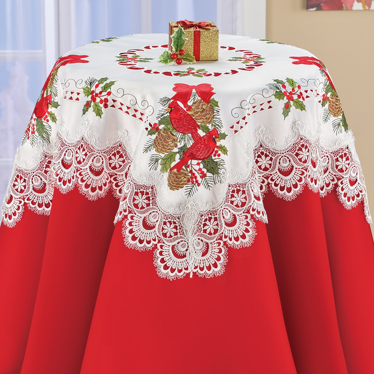 Elegant Embroidered Cardinals Lace Table Linens | Collections Etc.