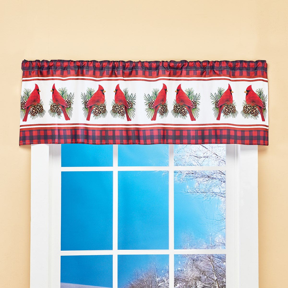 Plaid Border Festive Cardinal Window Valance | Collections Etc.