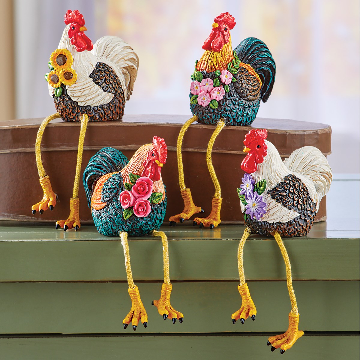 Hand Painted Rooster Shelf Sitter Figurines Set | Collections Etc.