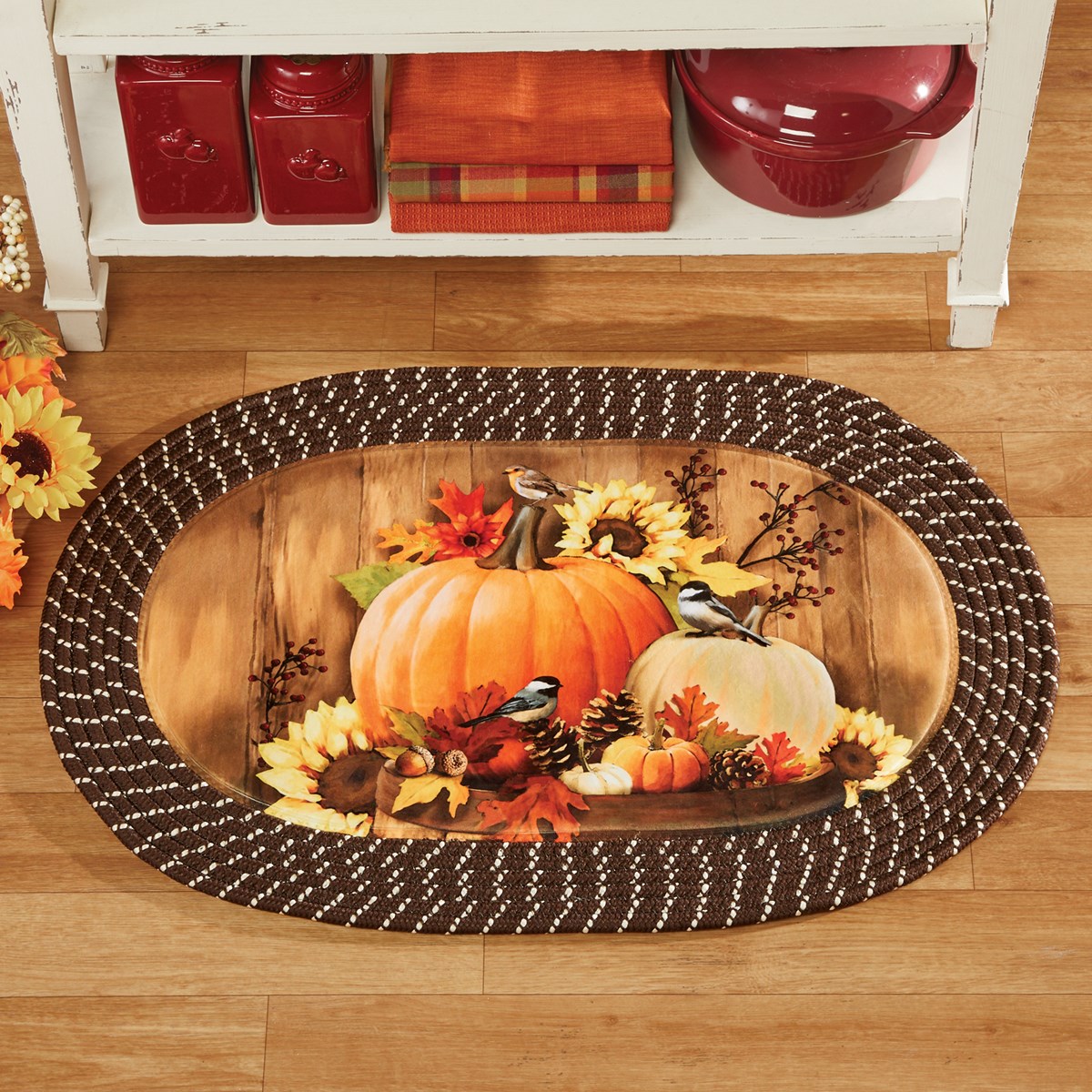Harvest Pumpkin and Chickadees Braided Accent Rug | Collections Etc.