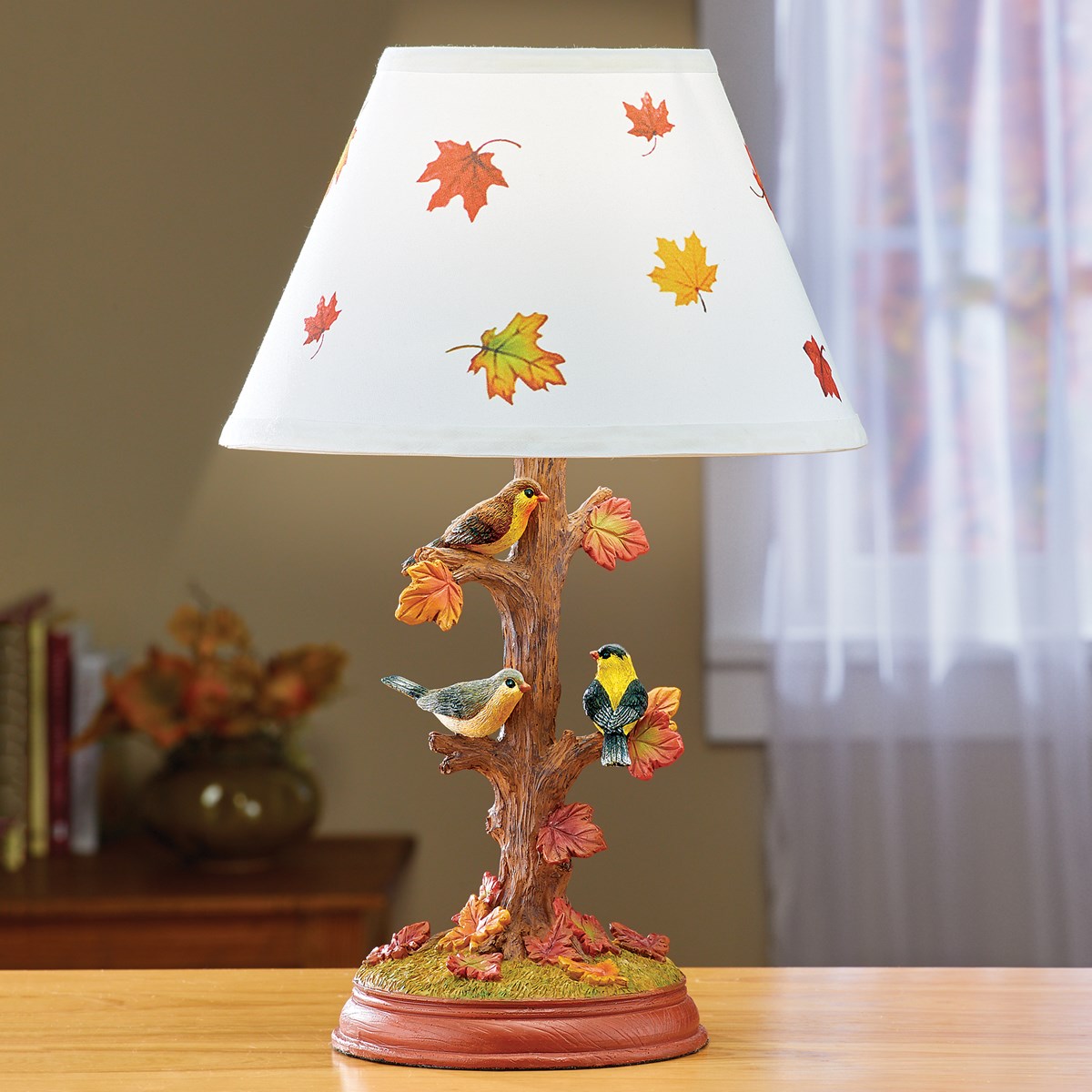 Hand Painted Autumn Birds and Leaves Tabletop Lamp | Collections Etc.