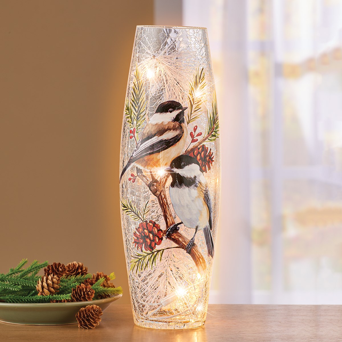 Chickadee Crackled Glass Tabletop Hurricane Lamp Collections Etc