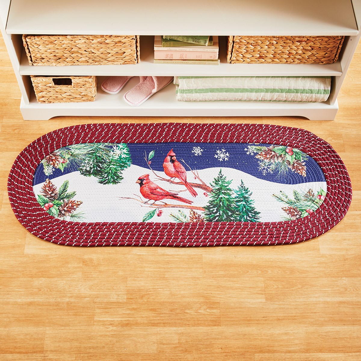 Rustic Winter Cardinal Scene Braided Runner Rug | Collections Etc.