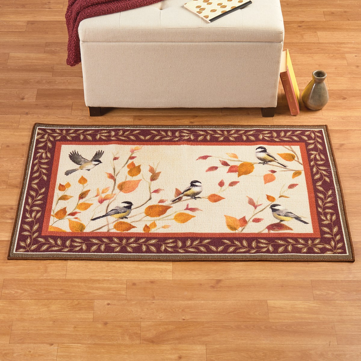 Fall Leaves and Colorful Chickadees Accent Rug | Collections Etc.