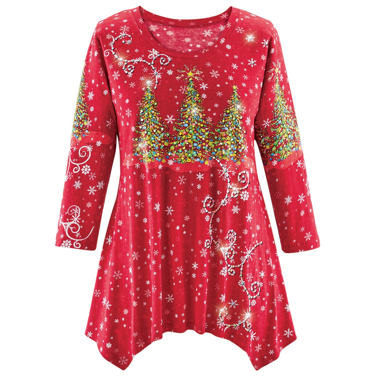 Trio of Christmas Trees Sparkling Sharkbite Tunic Top | Collections Etc.