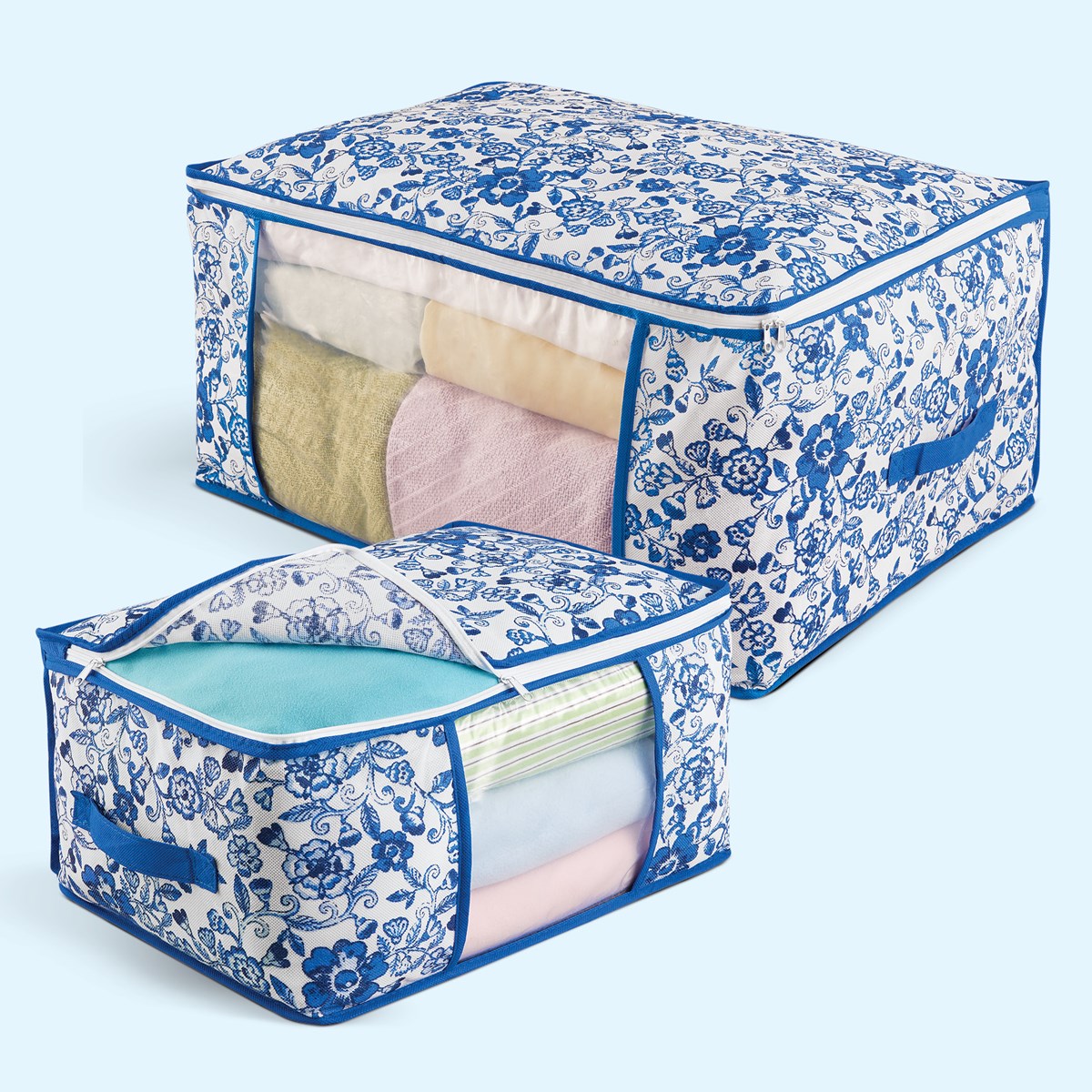 Blue Floral Print All-Around Zippered Storage Bags - Set of 2 ...