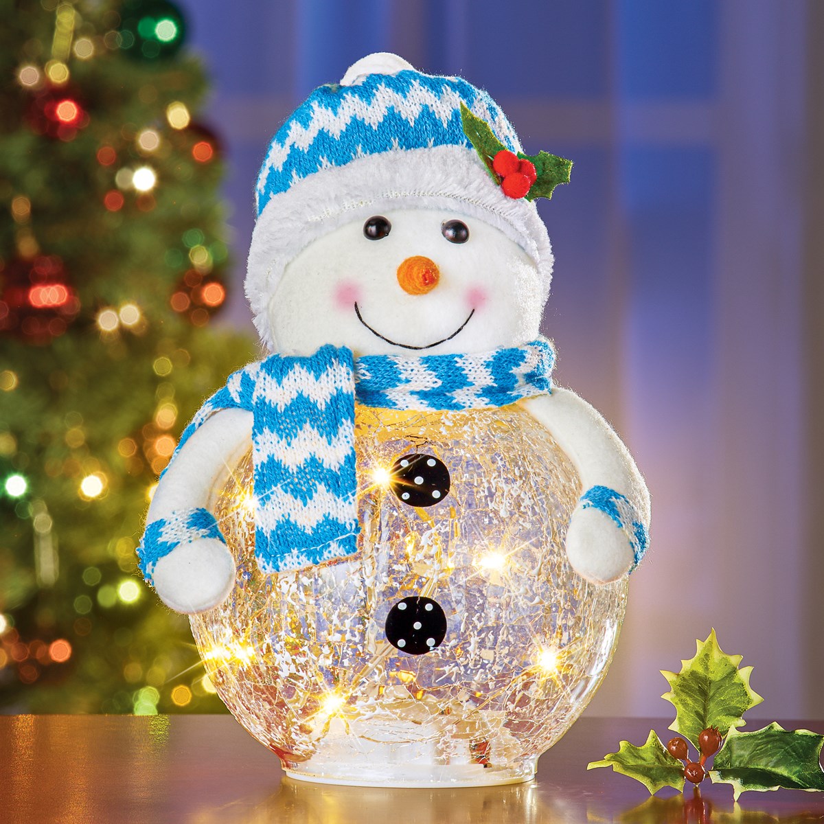 Led Lighted Tabletop Crackled Glass Snowman Winter Decor Collections Etc