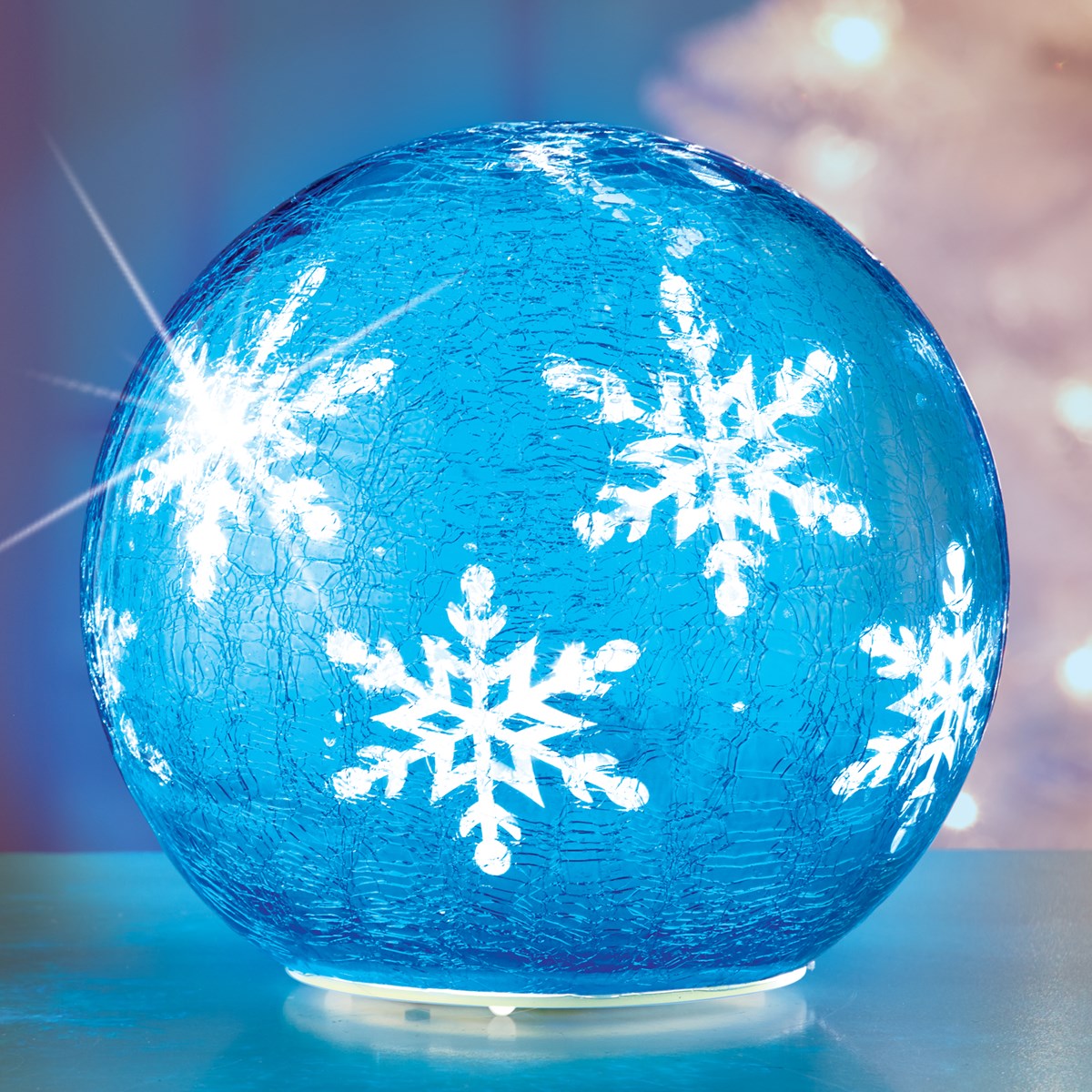 Led Lighted Snowflake Frosted Crackled Glass Tabletop Ball
