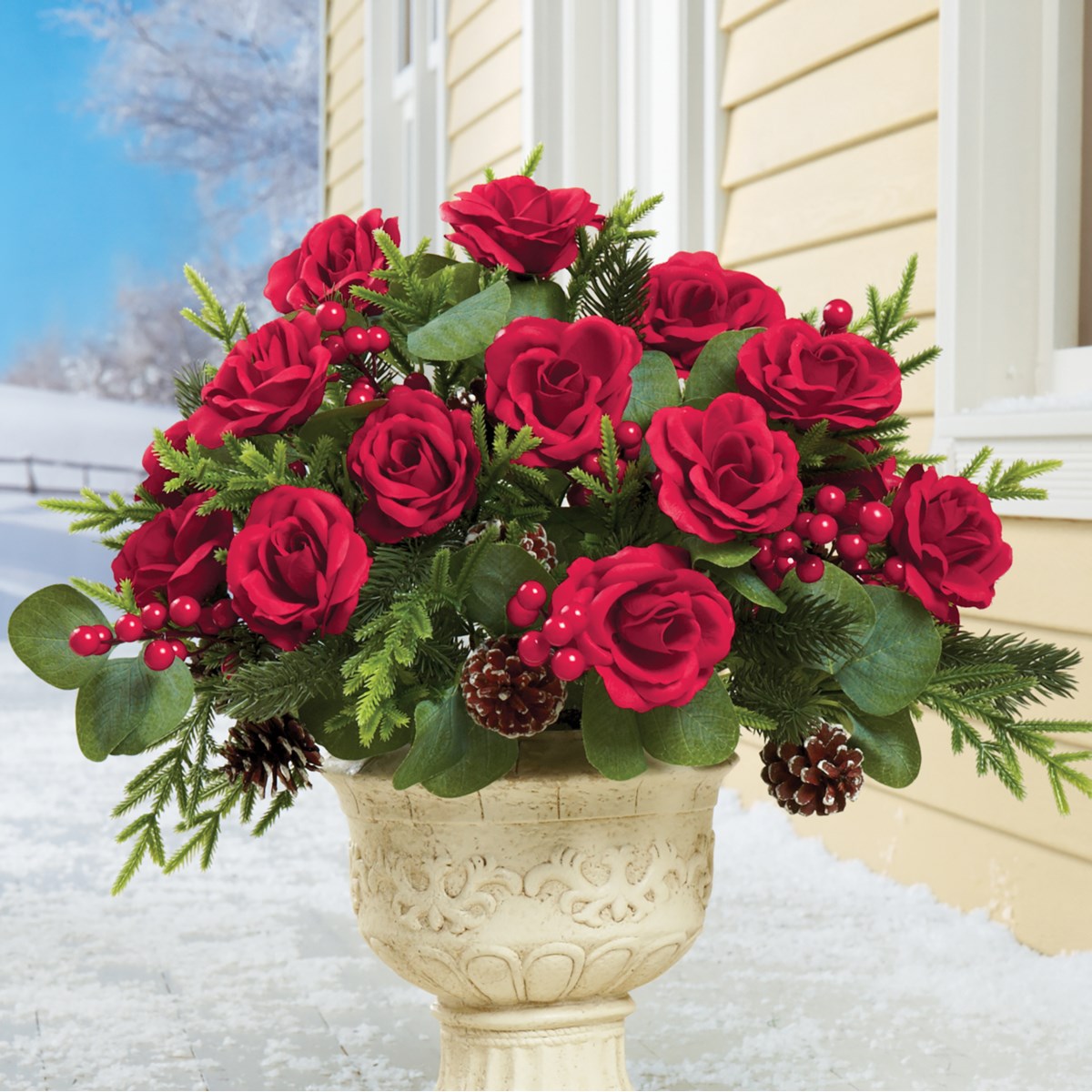 Artificial Holiday Red Rose Bush Arrangement - Set of 3 | Collections Etc.