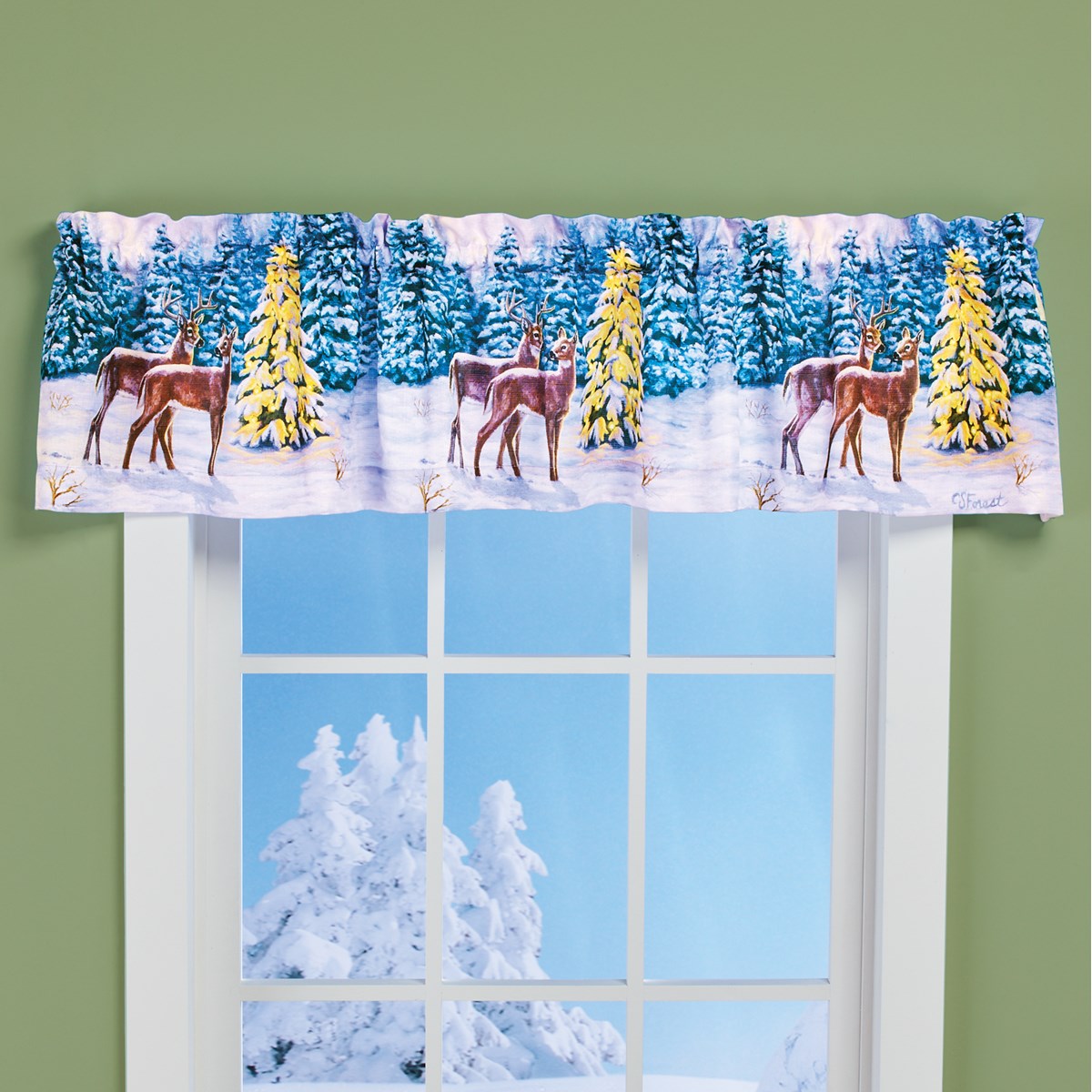 Winter Snowy Pine Forest Deer Scene Window Valance | Collections Etc.