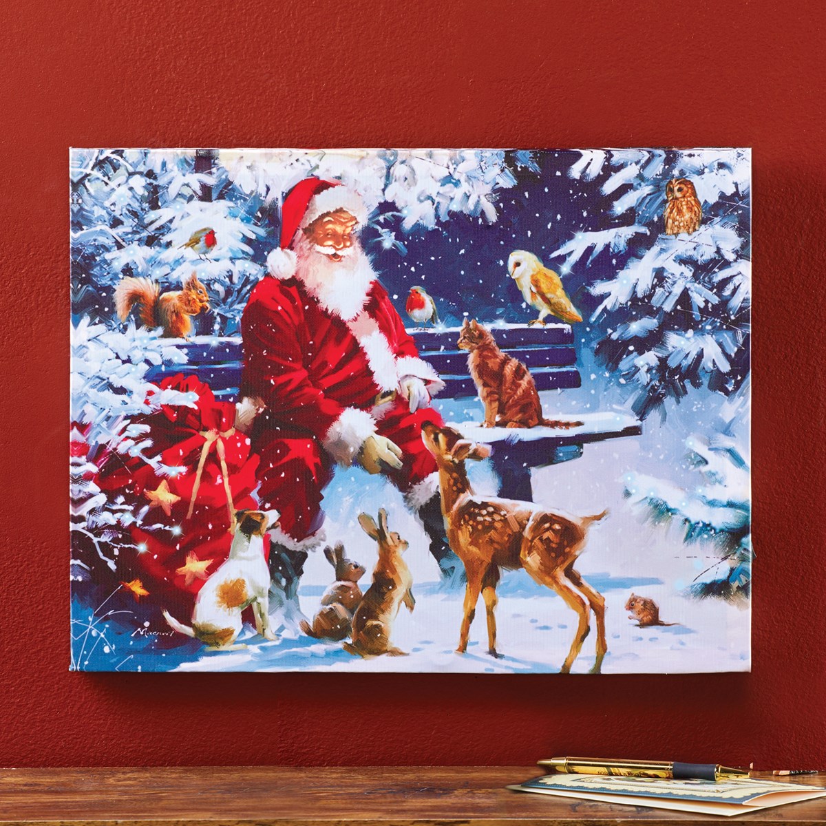 Santa on a Bench Fiber Optic LED Lighted Canvas Wall Art | Collections Etc.