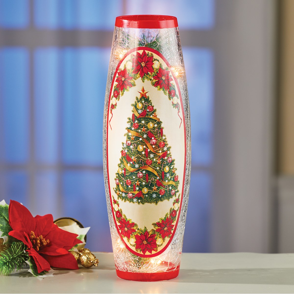 Led Lights Poinsettia Tree Crackled Glass Hurricane Lamp Collections Etc